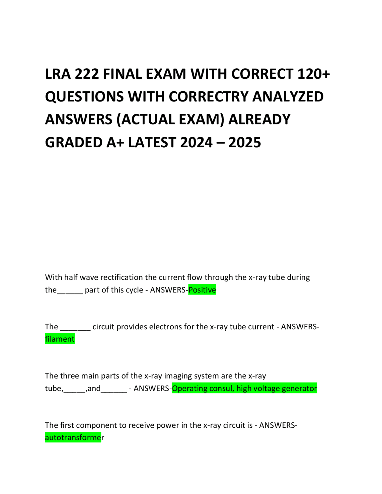 LRA 222 FINAL EXAM WITH CORRECT 120+ QUESTIONS WITH CORRECTRY ANALYZED ...