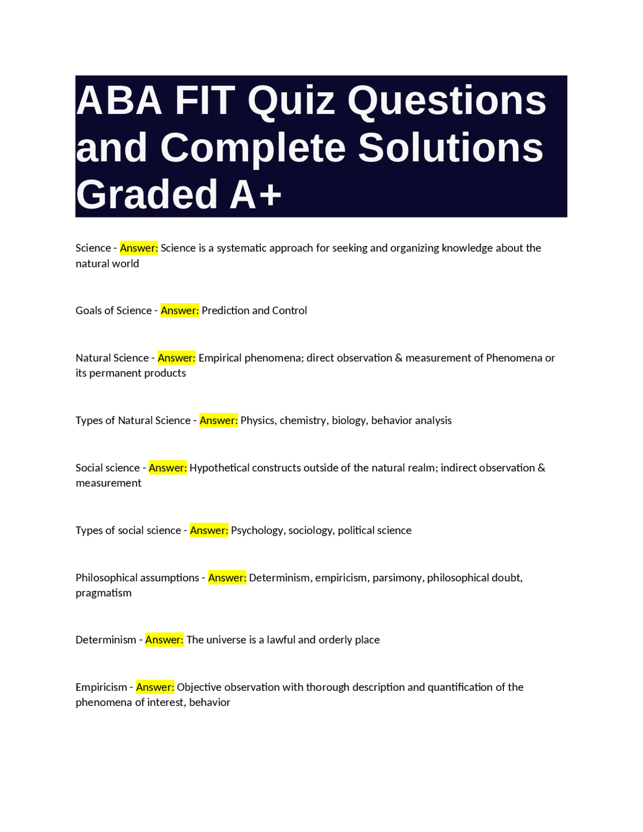 ABA FIT Quiz Questions and Complete Solutions Graded A+ | Exams ...