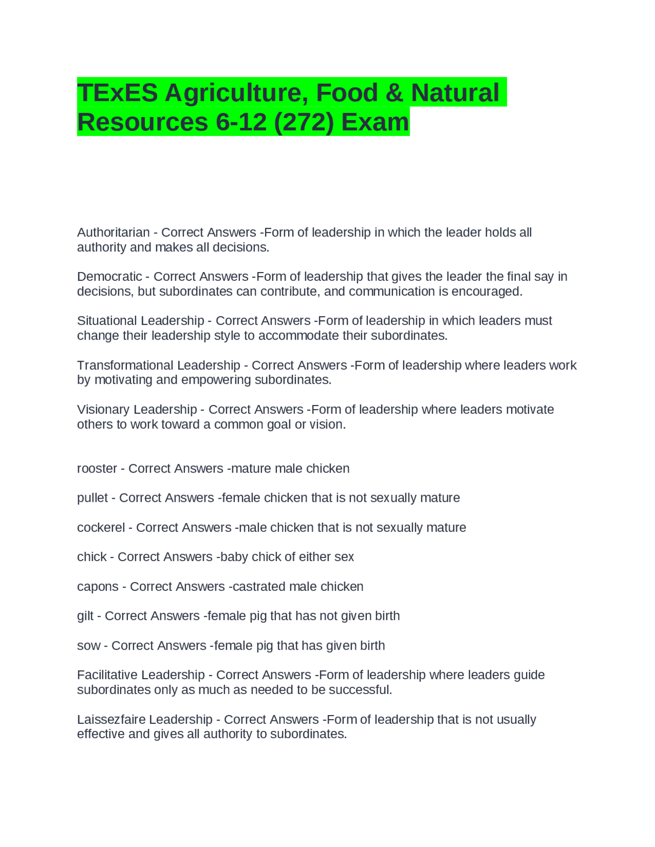 TExES Agriculture, Food & Natural Resources 6-12 (272) Exam Questions ...