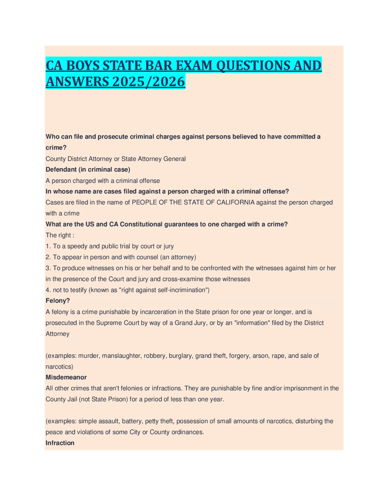 CA BOYS STATE BAR EXAM QUESTIONS AND ANSWERS 2025/2026 | Exams Law ...