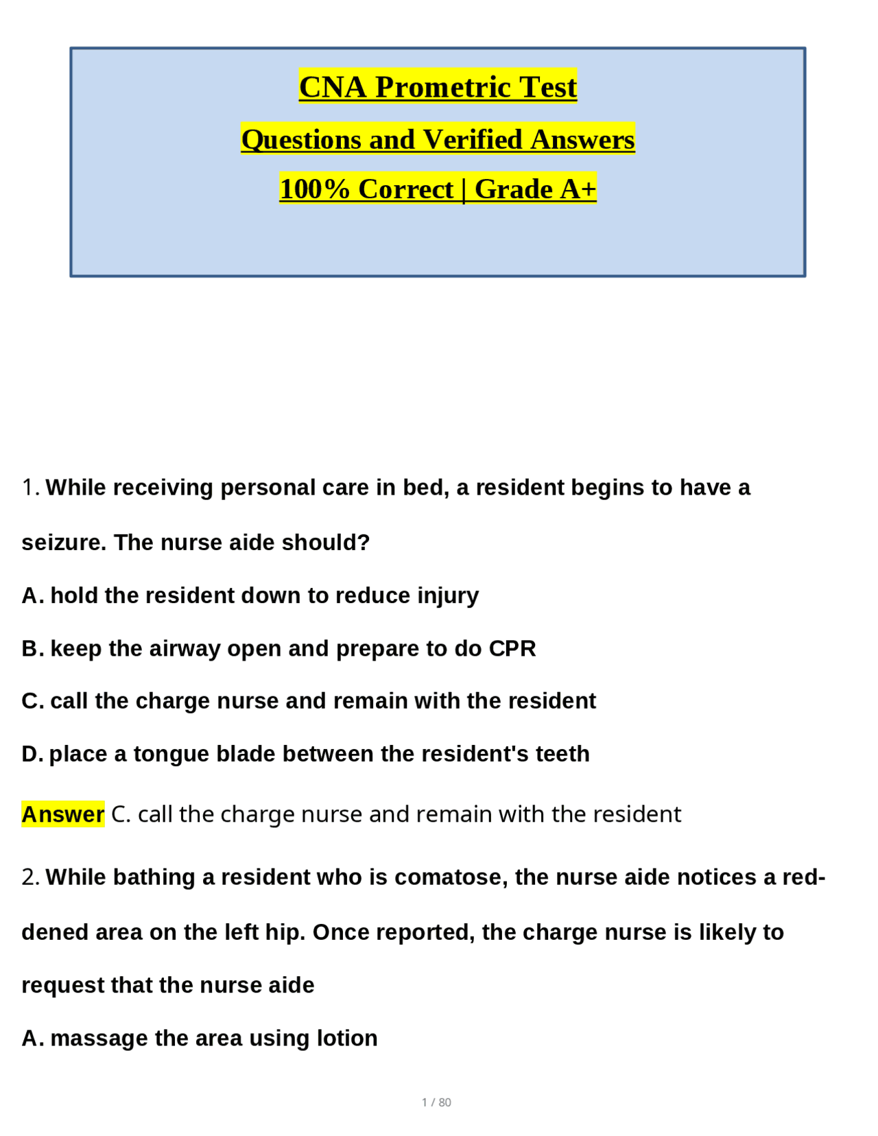 CNA Prometric Test (Latest 2025 / 2026 Update) Questions and Verified ...