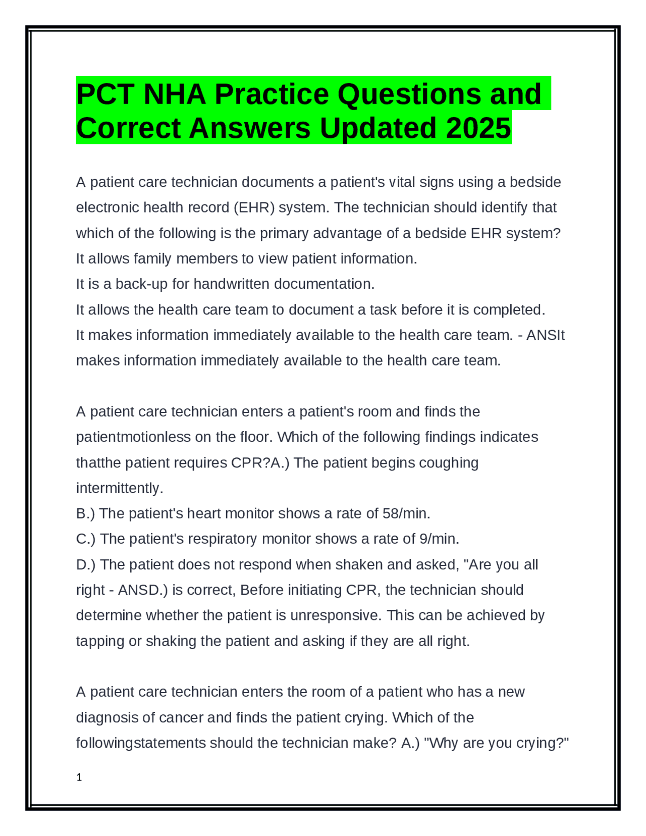PCT NHA Practice Questions & Answers: Guide for Patient Care ...