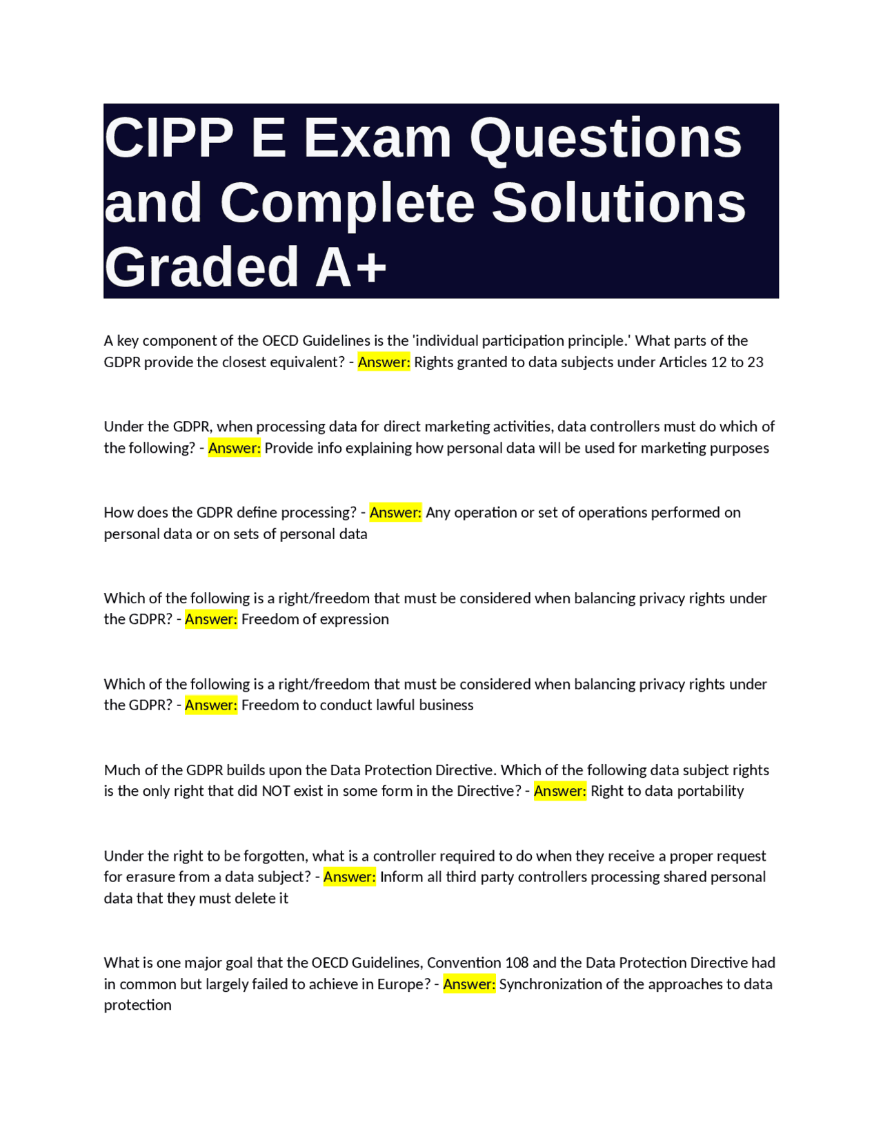 CIPP E Exam Questions and Complete Solutions Graded A+ | Exams Law | Docsity