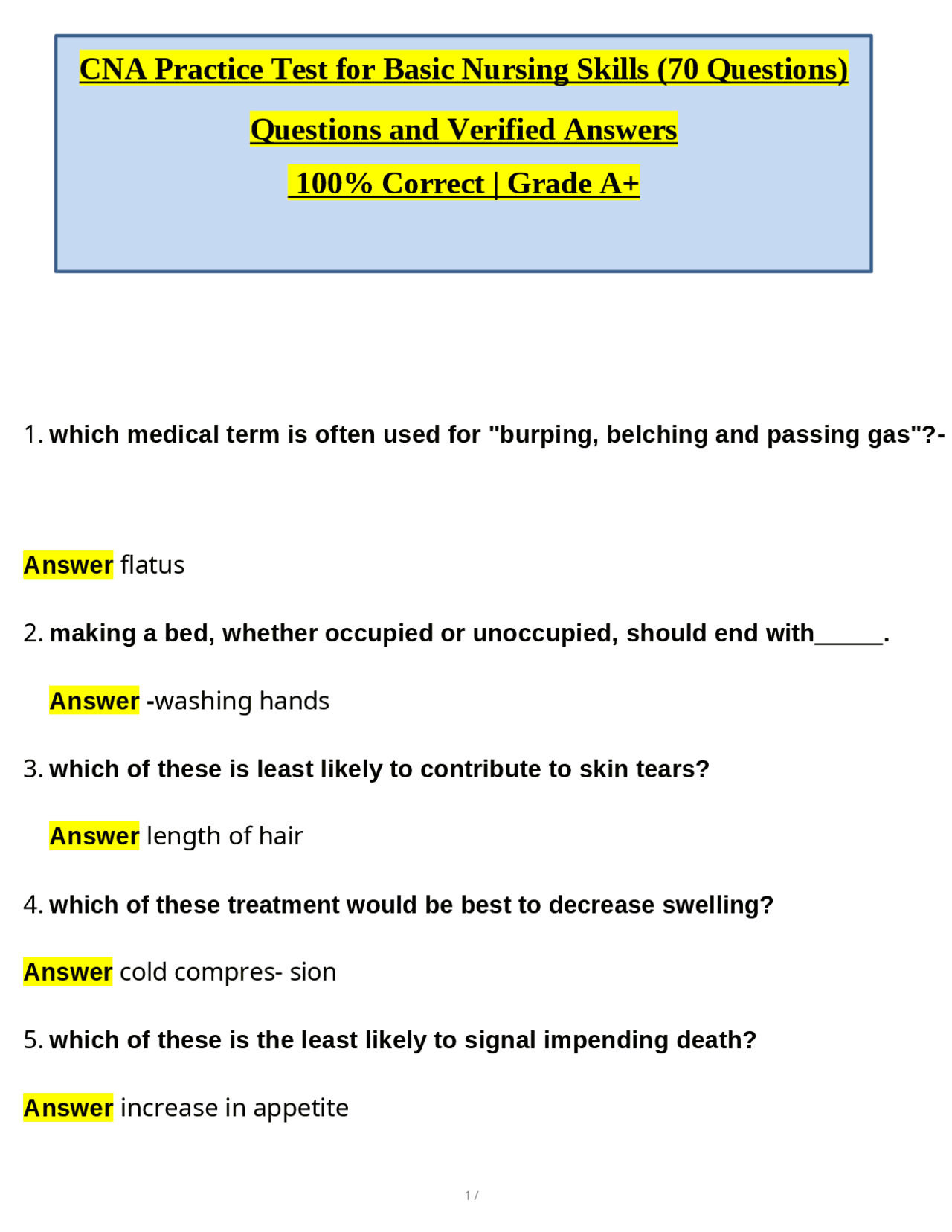 CNA Practice Test for Basic Nursing Skills (70 Questions) (Latest 2025 ...