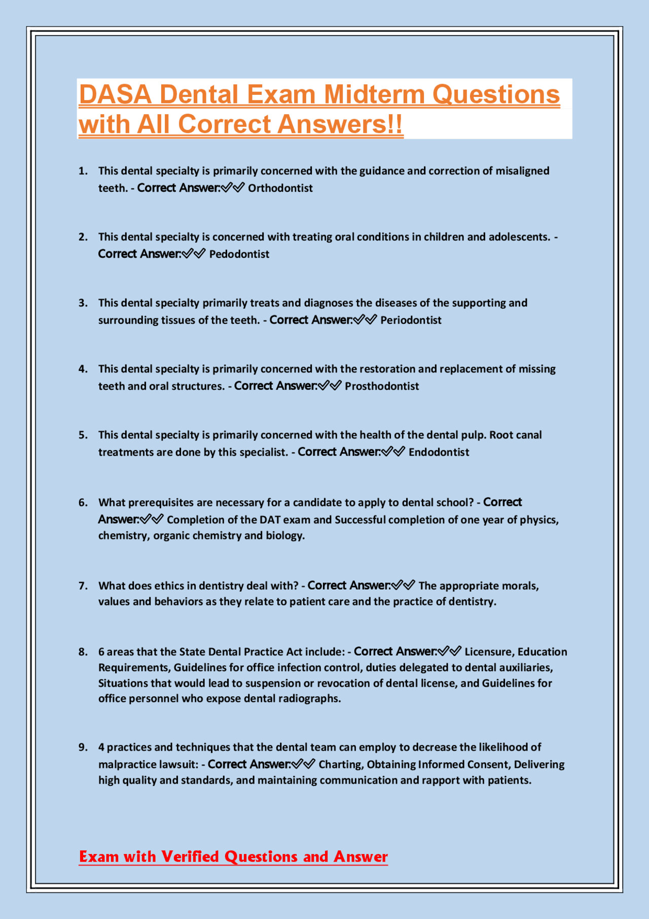 DASA Dental Exam Midterm Questions with All Correct Answers!! | Exams ...