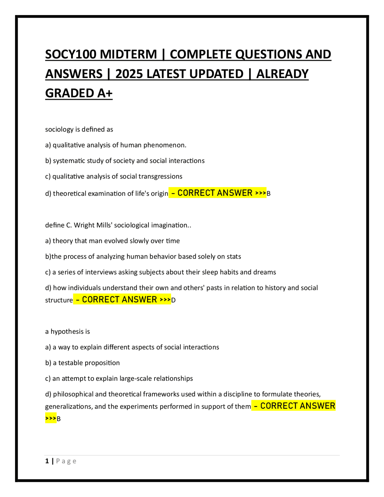 SOCY100 MIDTERM | COMPLETE QUESTIONS AND ANSWERS | 2025 LATEST UPDATED ...