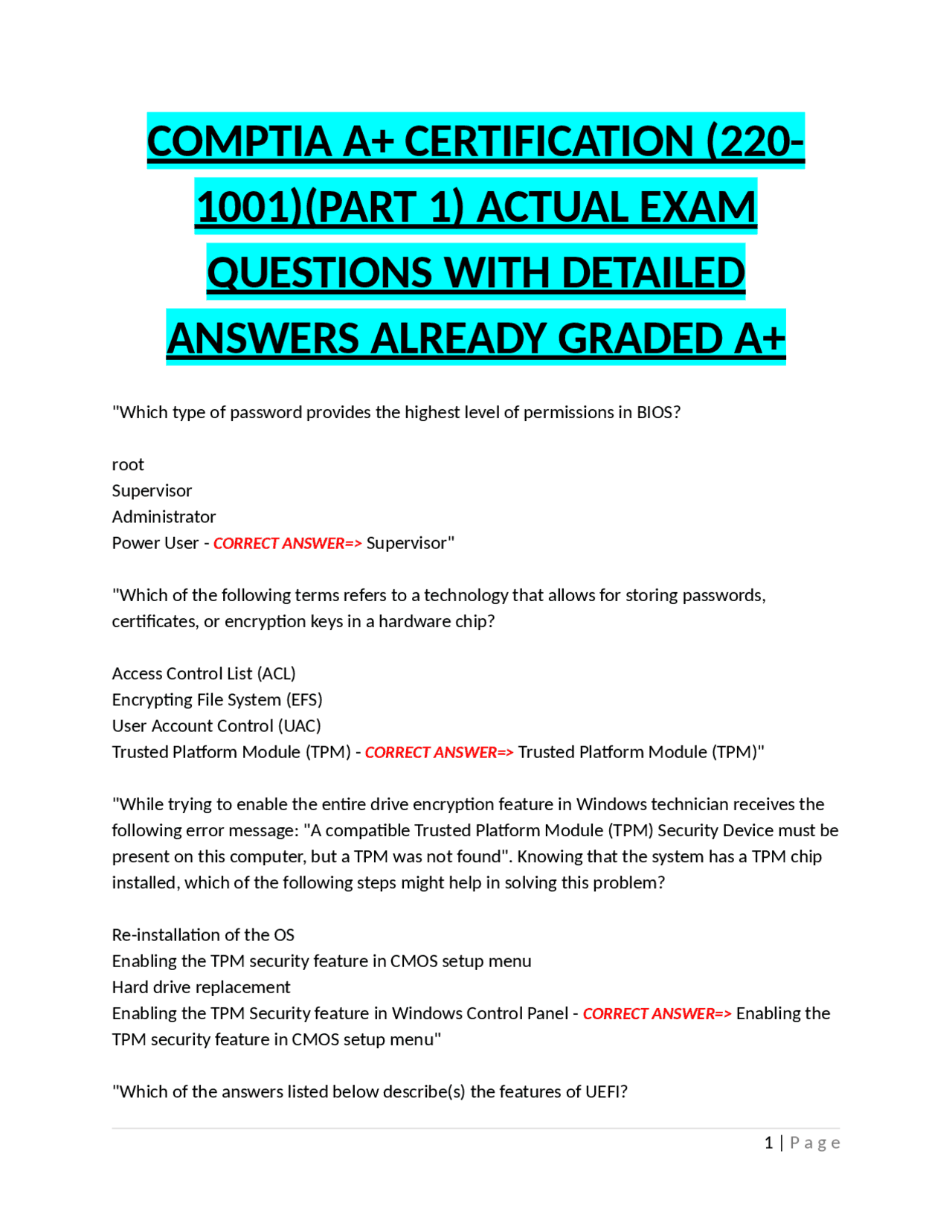 COMPTIA A+ CERTIFICATION (220-1001)(PART 1) ACTUAL EXAM QUESTIONS WITH DETAILED ANSWERS ...