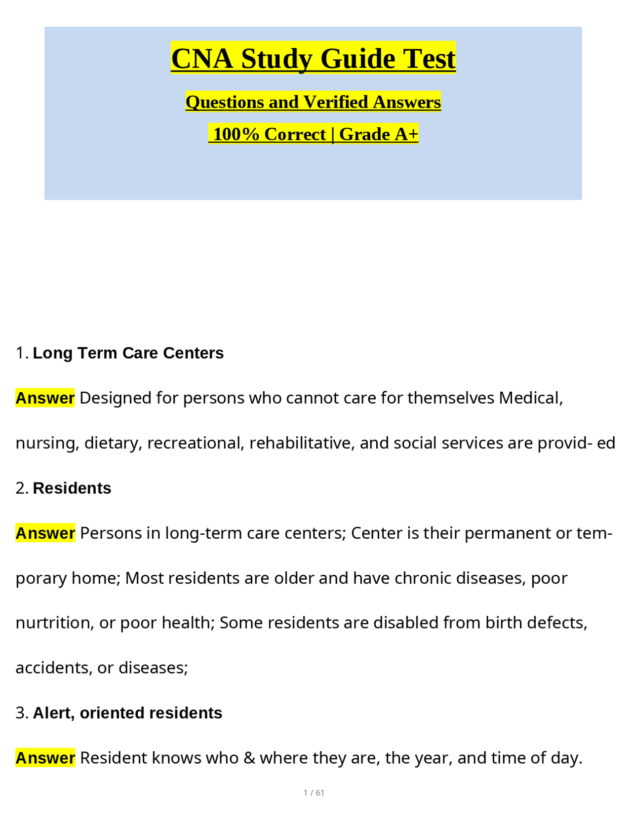 CNA Study Guide Test (Latest 2025 / 2026 Update) Questions and Verified ...