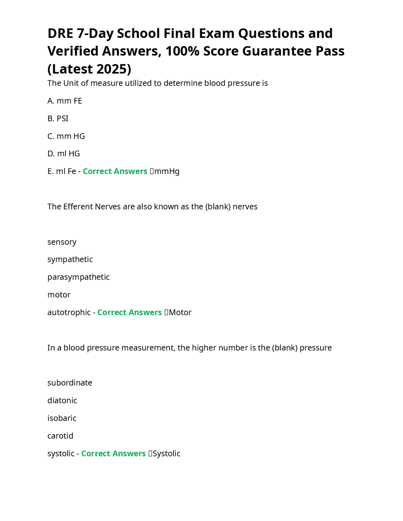 DRE 7-Day School Final Exam Questions and Verified Answers, 100% Score ...