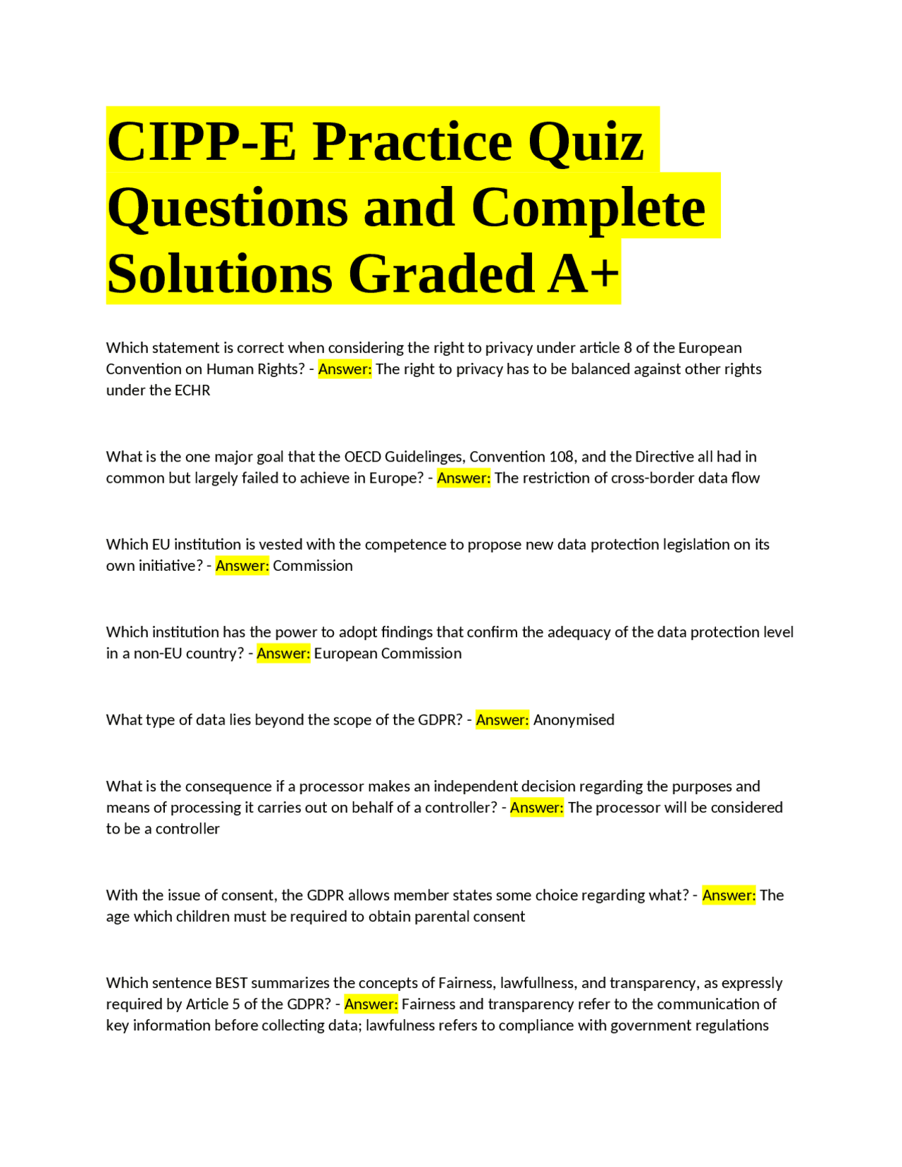 CIPP-E Practice Quiz Questions and Complete Solutions Graded A+ | Exams Law | Docsity