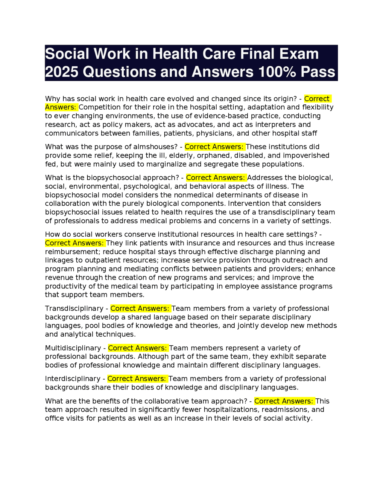 Social Work in Healthcare: Final Exam Questions and Answers | Exams ...