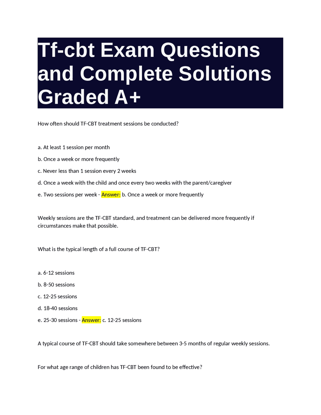 TF-CBT Exam Questions and Complete Solutions | Exams Medicine | Docsity
