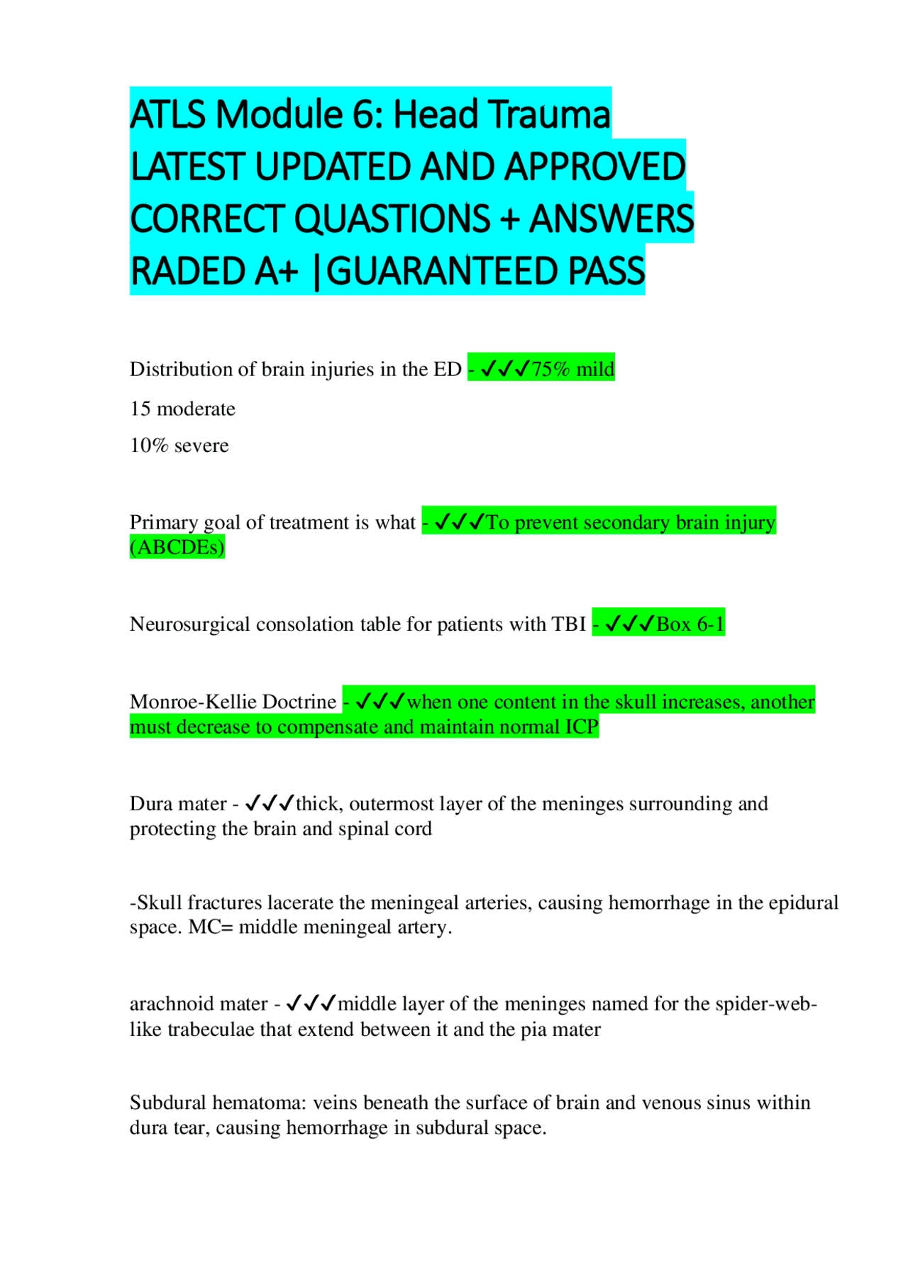 ATLS Module 6: Head Trauma LATEST UPDATED AND APPROVED CORRECT ...