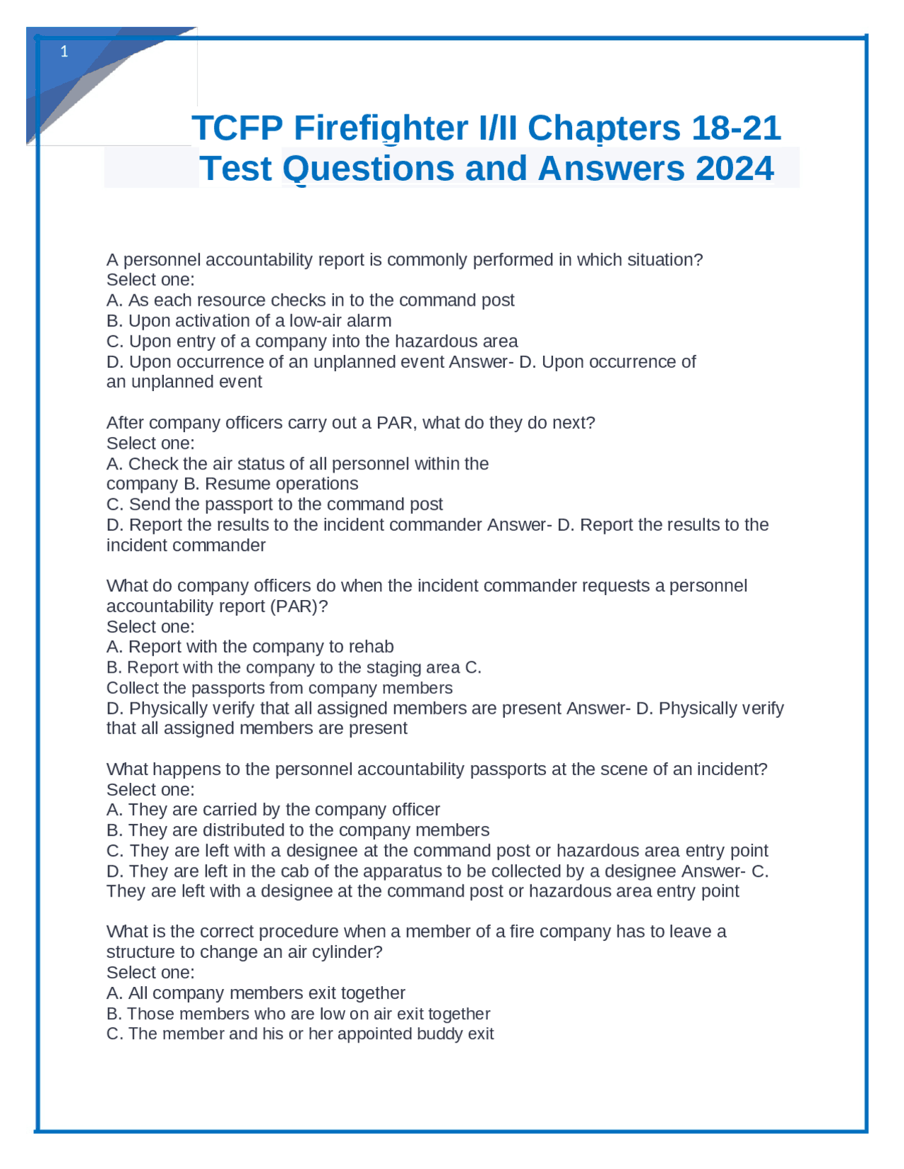 TCFP Firefighter I-II Chapters 18-21 Test Questions and Answers 2024 ...