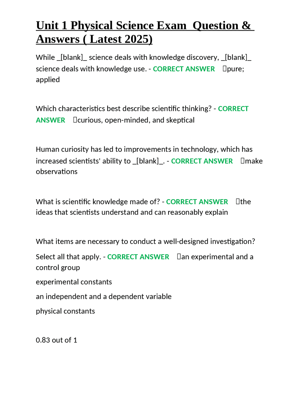 Unit 1 Physical Science Exam Question & Answers ( Latest 2025) | Exams ...
