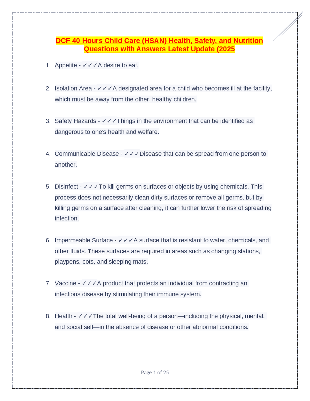 DCF 40 Hours Child Care (HSAN) Health, Safety, and Nutrition Questions ...