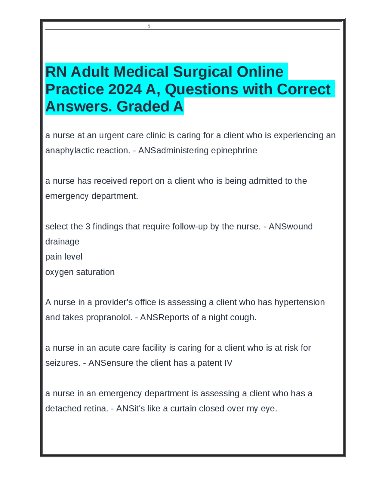 RN Adult Medical Surgical Online Practice 2024 A, Questions with ...