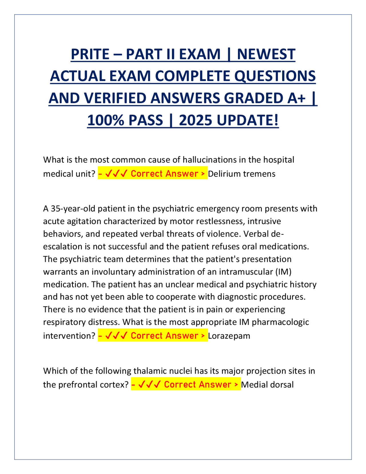 Psychiatry Exam Questions and Answers: PRITE Part II | Exams Nursing ...