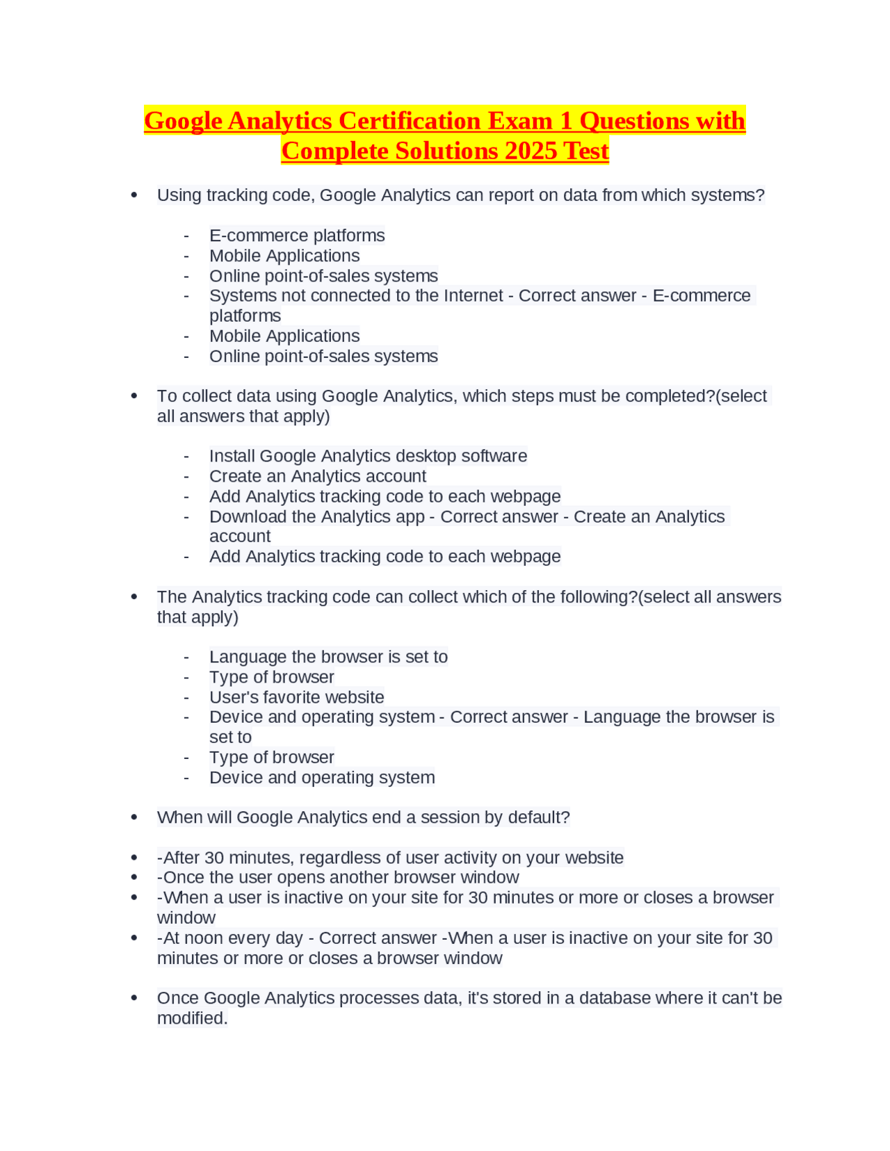 Google Analytics Certification Exam 1 Questions with Complete Solutions ...