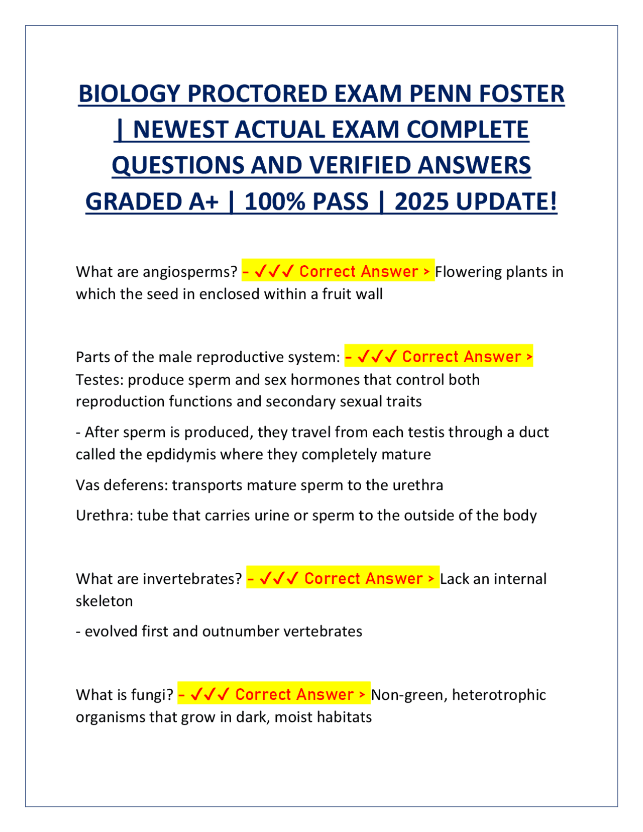 Biology Proctored Exam: Penn Foster - Questions and Answers | Exams ...