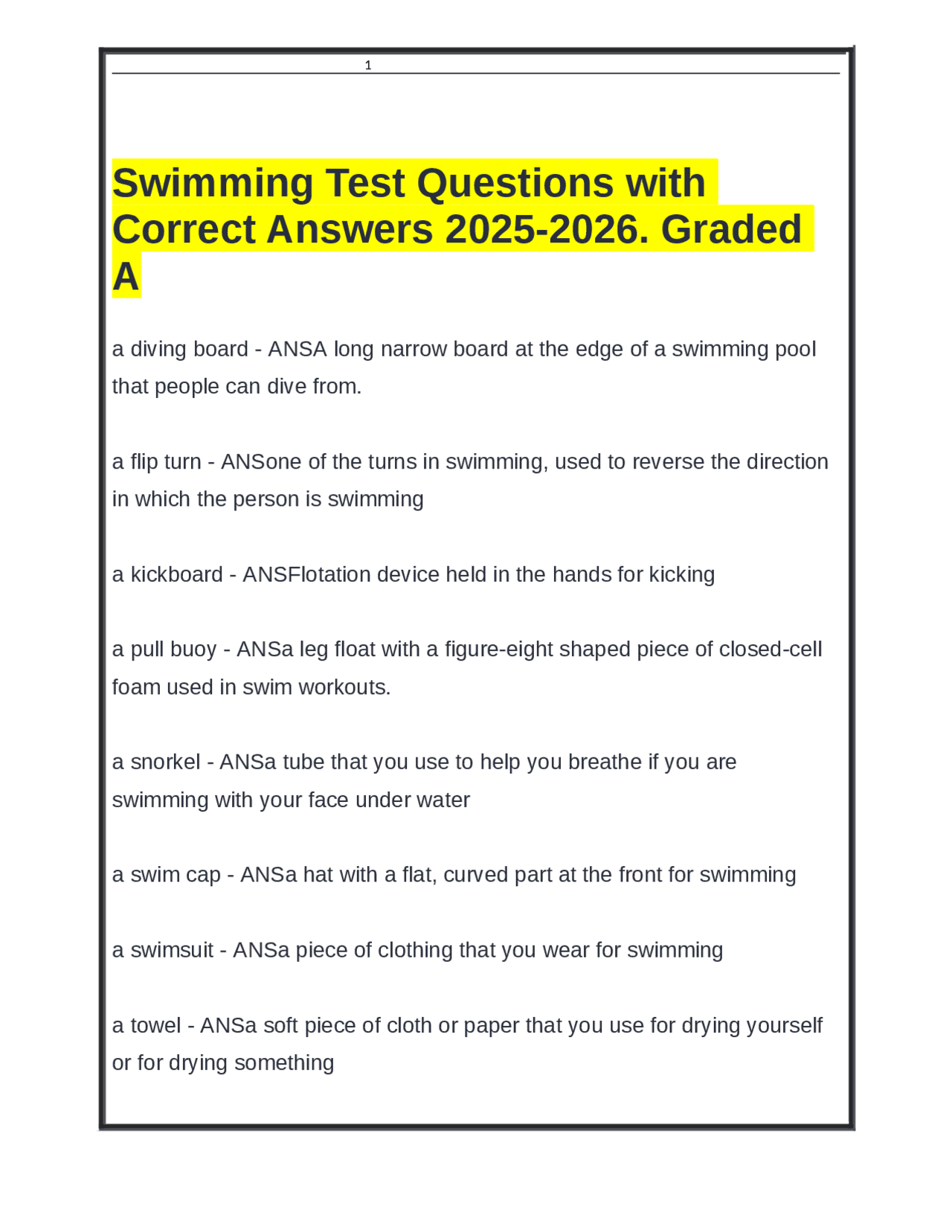 Swimming Test Questions with Correct Answers 2025-2026. Graded A ...