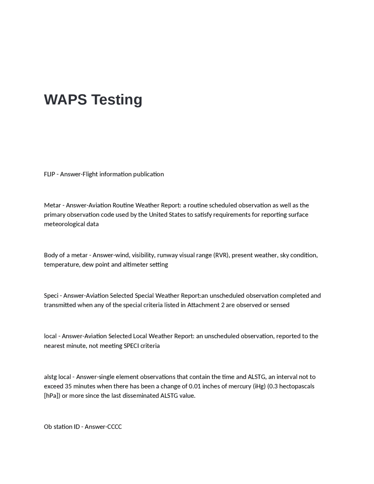 WAPS Testing Exam Questions and Answers | Exams Nursing | Docsity
