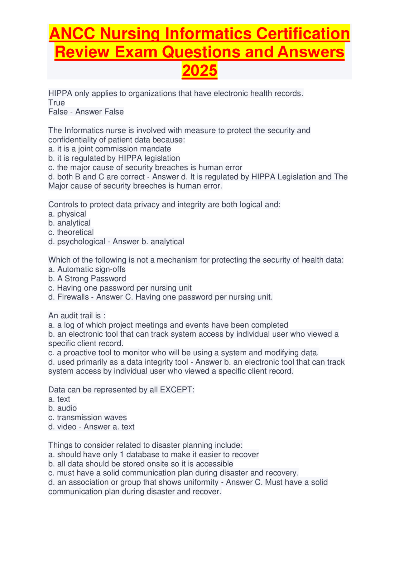 ANCC Nursing Informatics Certification Review Exam Questions and ...