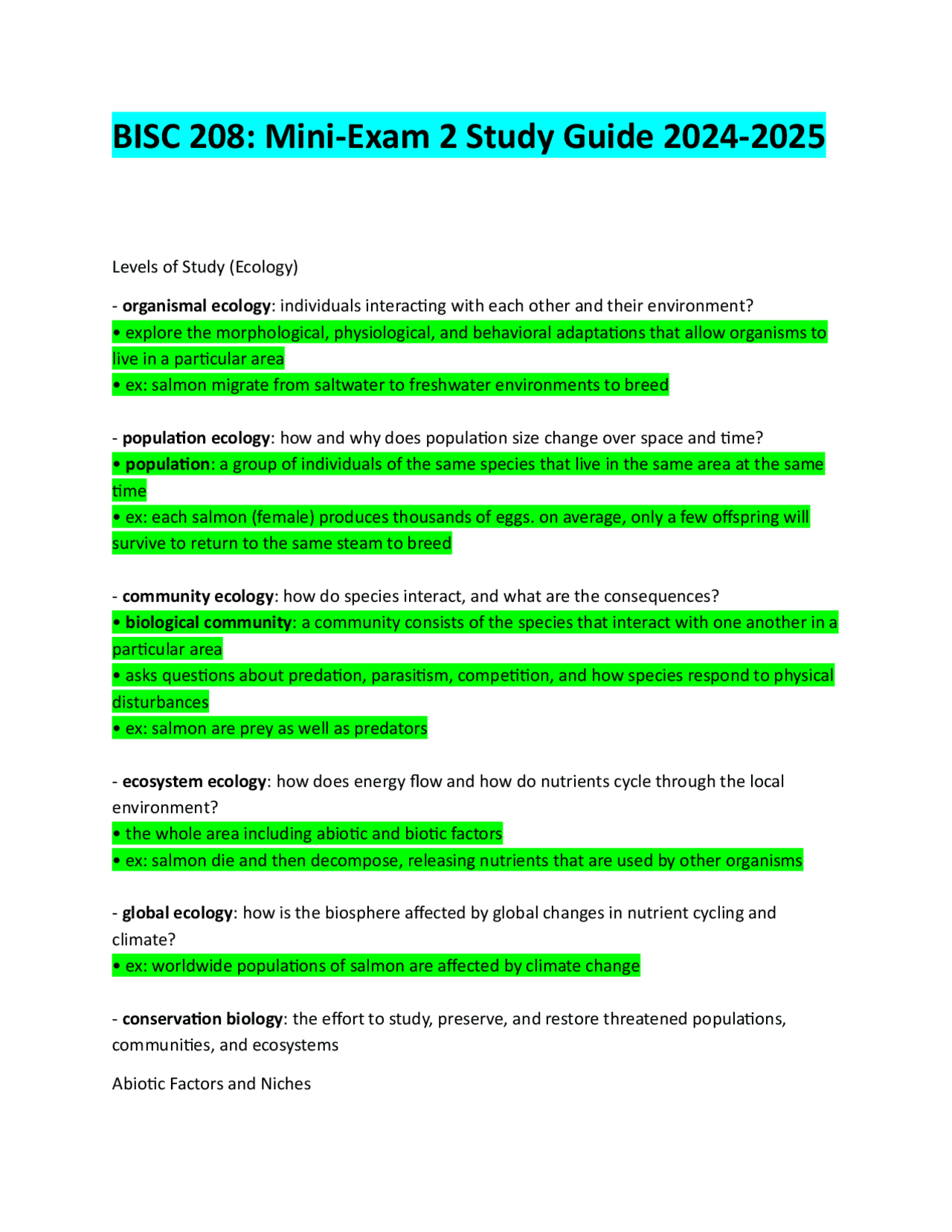 BISC 208: Mini-Exam 2 Study Guide 2024-2025 | Exams Biology | Docsity