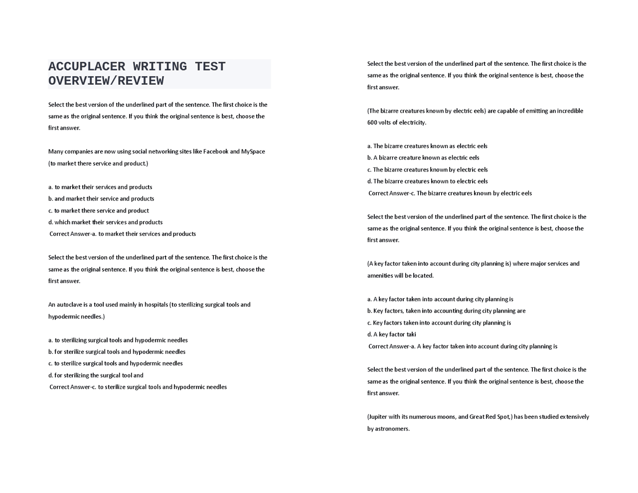 ACCUPLACER WRITING TEST OVERVIEW_REVIEW WITH 100- SURE ANSWERS | Exams ...