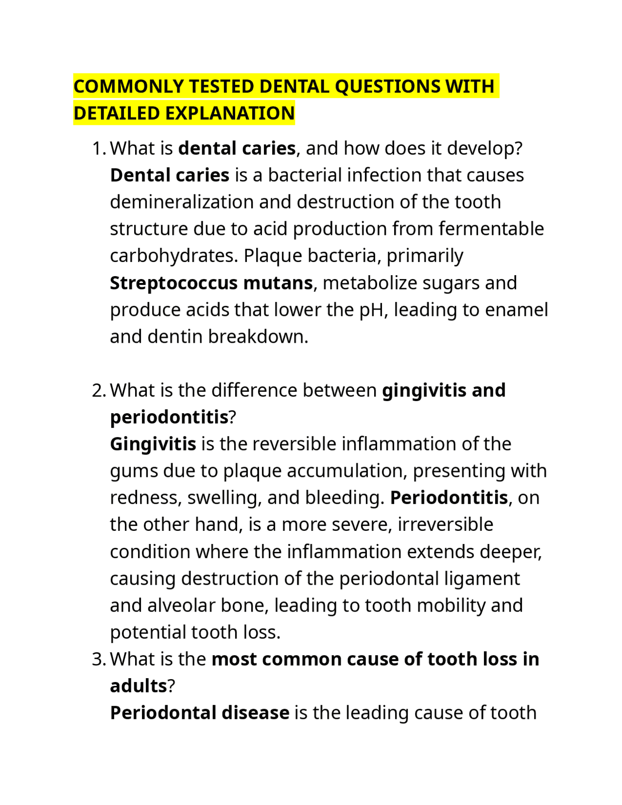 Commonly Tested Dental Questions with Detailed Explanations | Exams ...