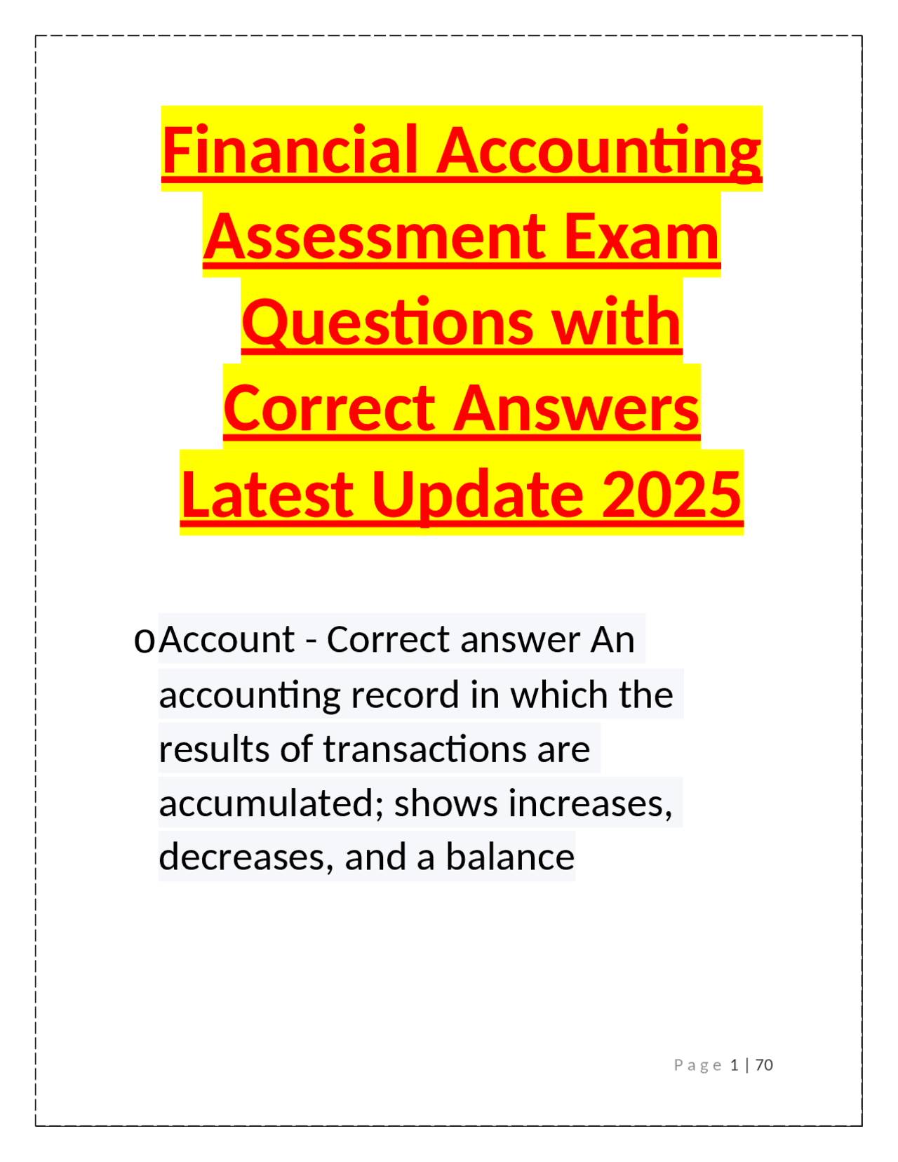 Financial Accounting Assessment Exam Questions with Correct Answers ...