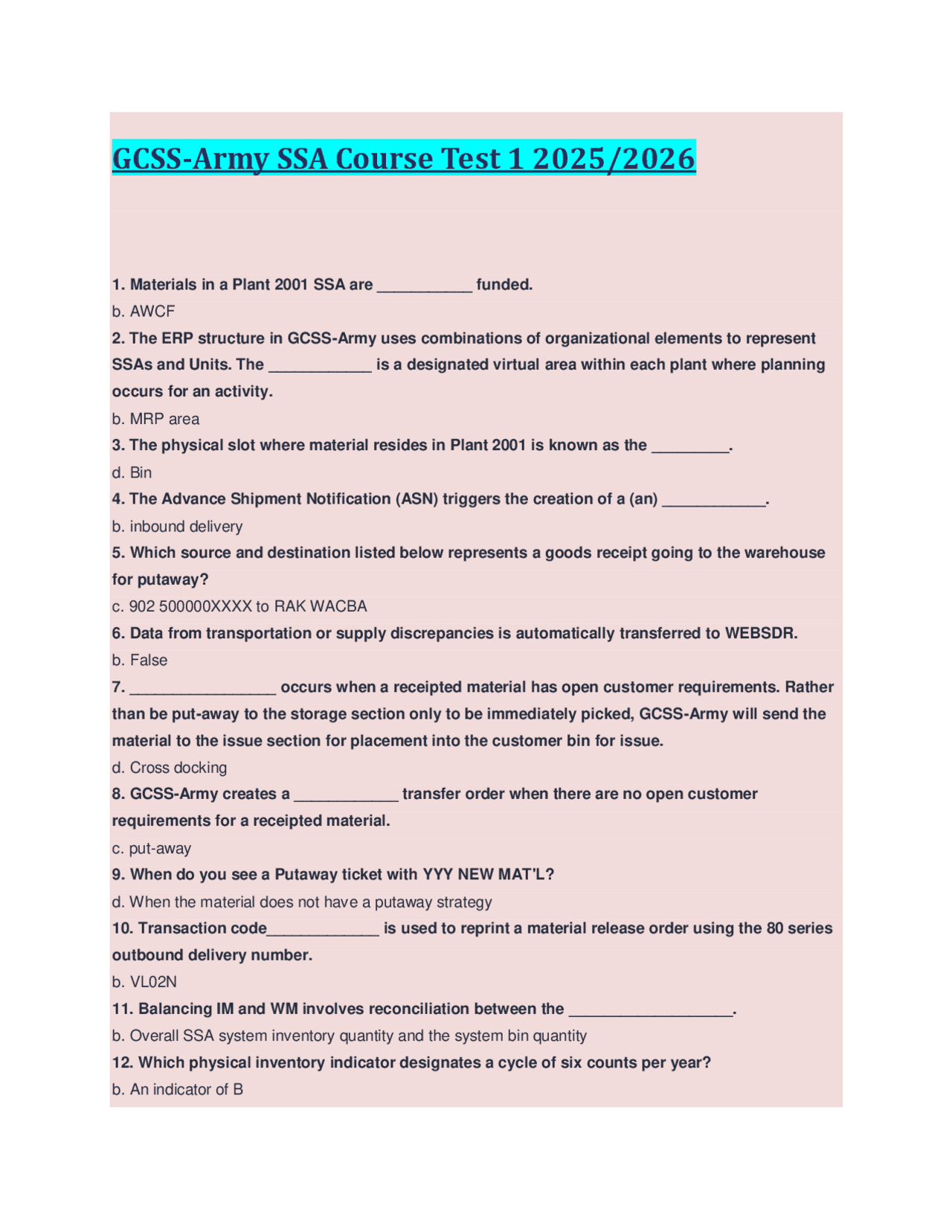 GCSS-Army SSA Course Test 1: 2025/2026 | Exams Military Strategy and ...
