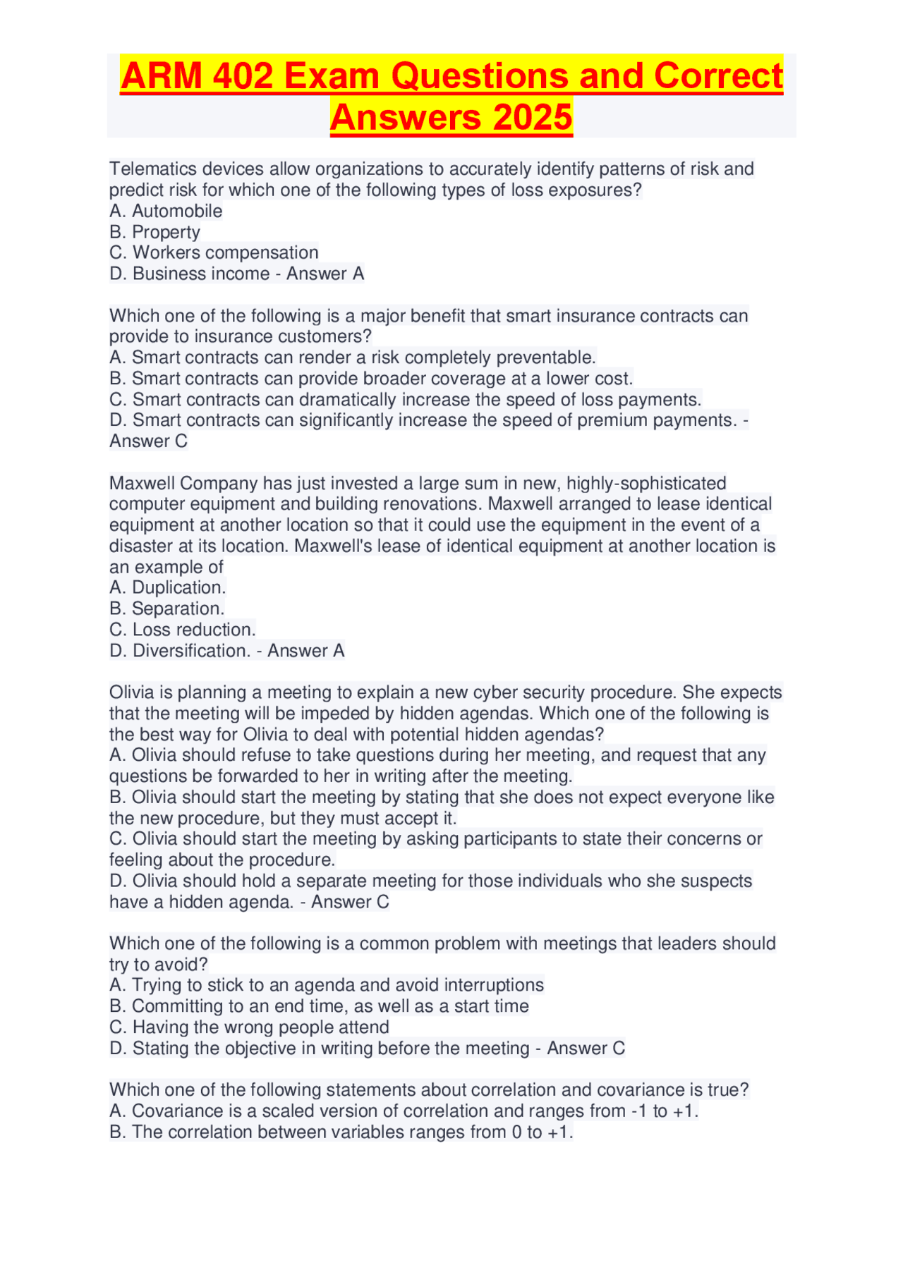 ARM 402 Exam Questions and Answers: Risk Management Concepts and ...