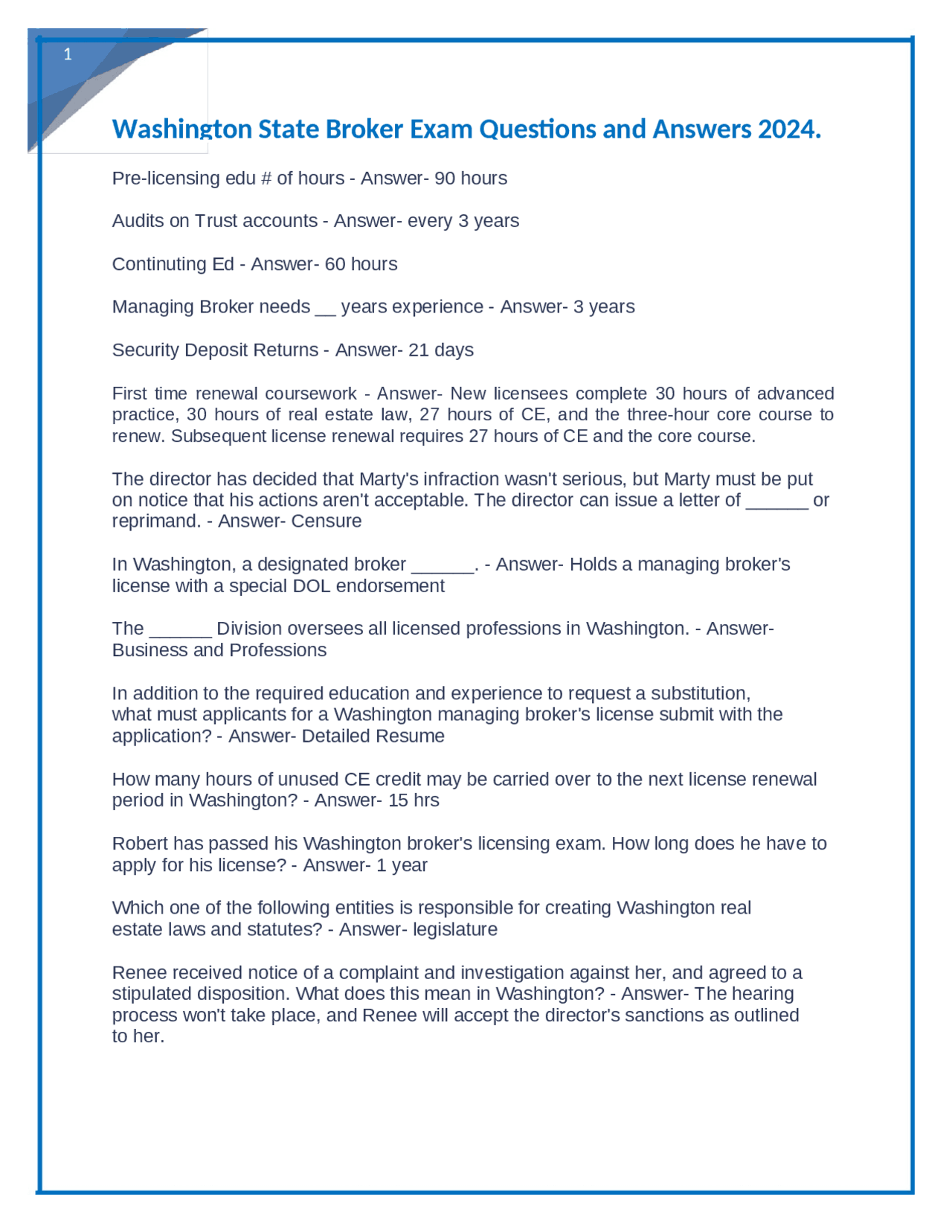 Washington State Broker Exam Questions and Answers 2024 | Exams Nursing ...