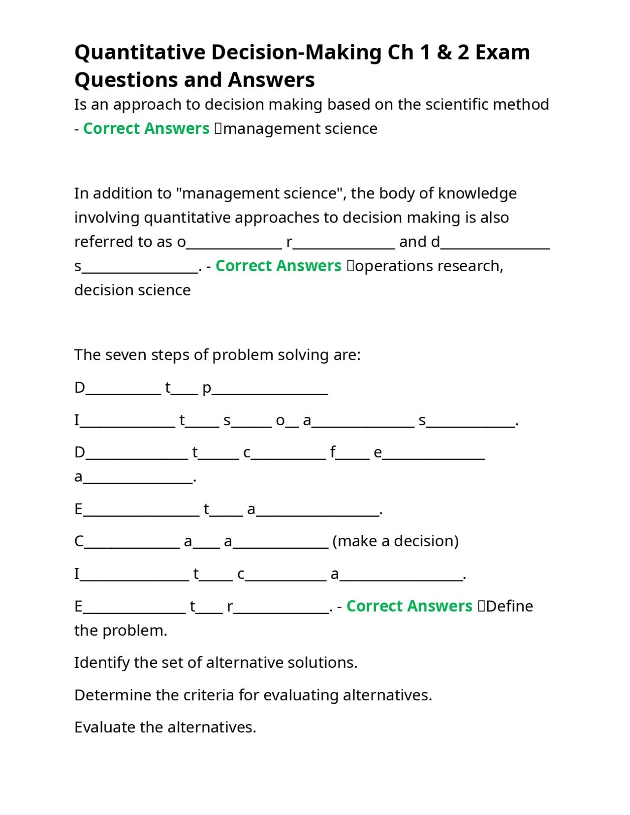 Quantitative Decision-Making Ch 1 & 2 Exam Questions and Answers ...