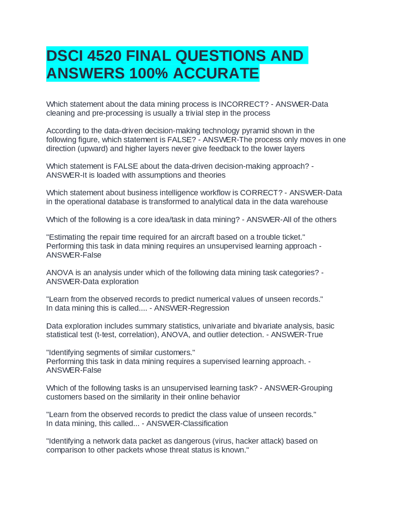 DSCI 4520 FINAL QUESTIONS AND ANSWERS 100% ACCURATE | Exams Social Sciences | Docsity