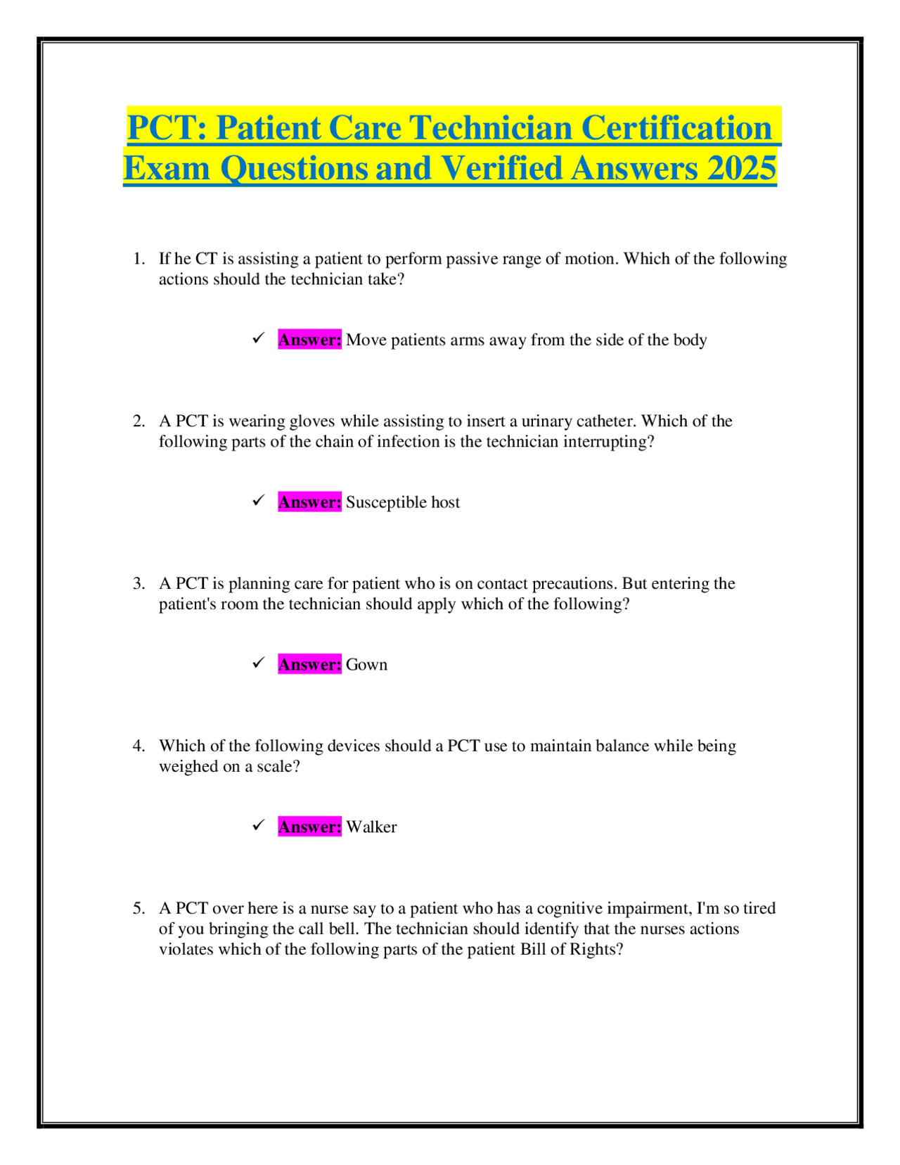 PCT-Patient Care Technician Certification Exam Questions and Verified ...