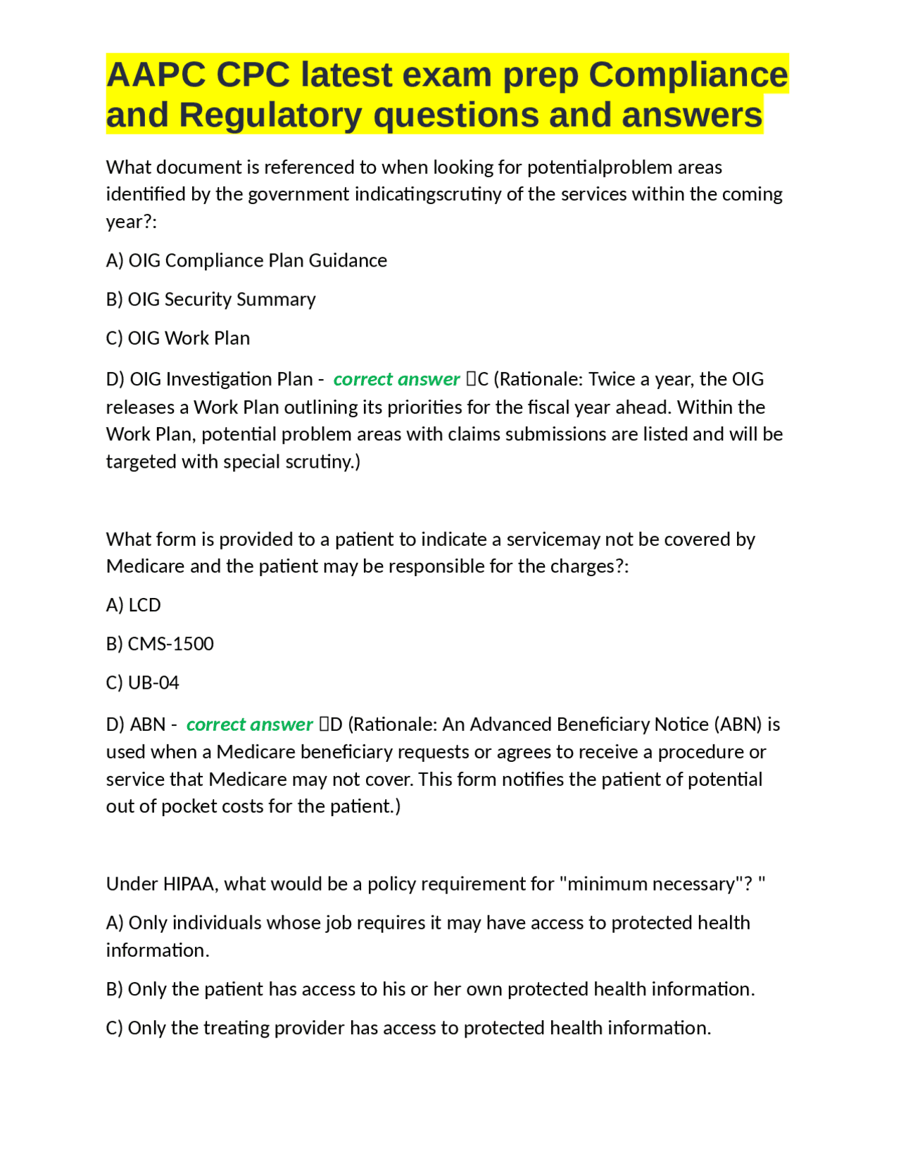 AAPC CPC Exam Prep: Compliance and Regulatory Questions and Answers ...