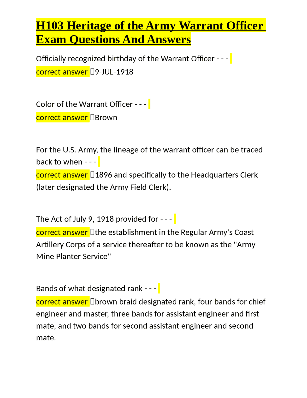 H103 Heritage of the Army Warrant Officer: Exam Questions and Answers ...