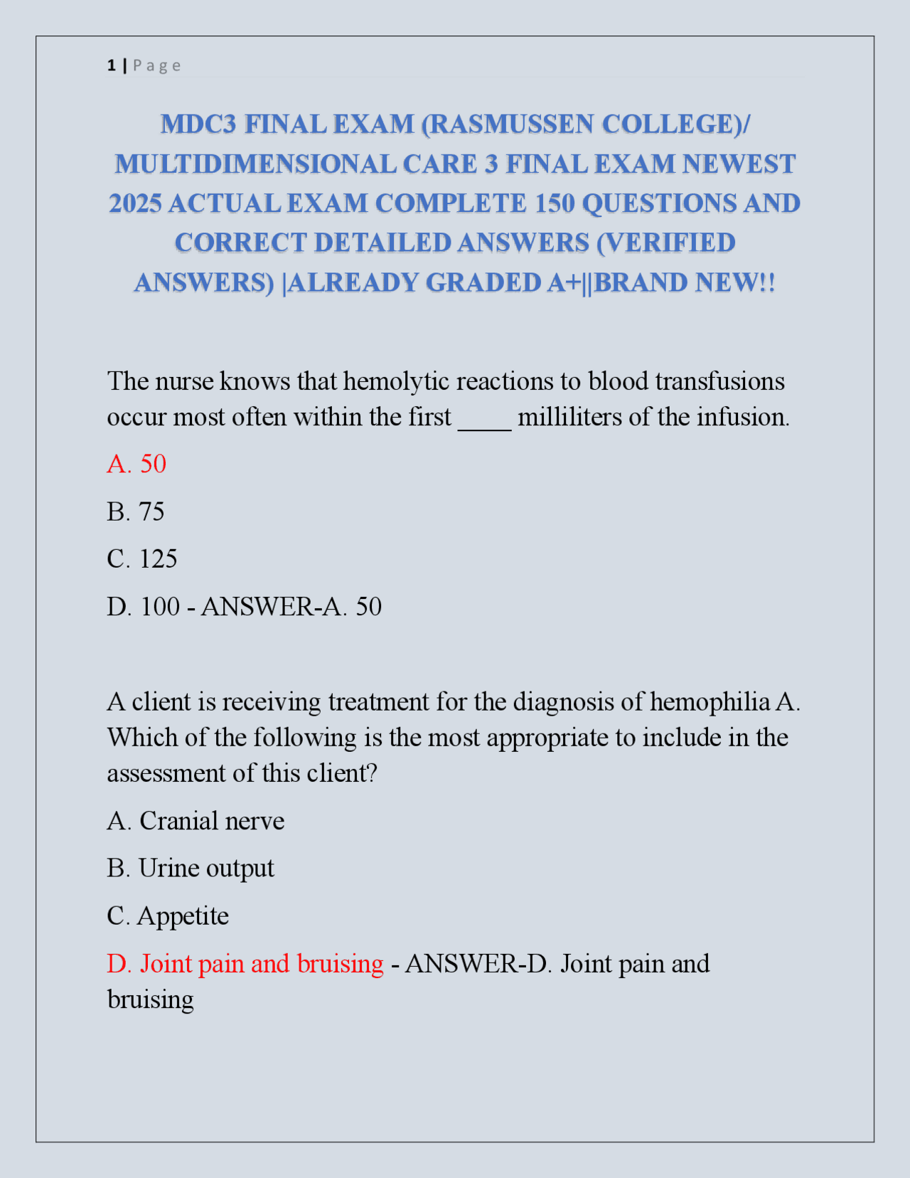 MDC3 FINAL EXAM (RASMUSSEN COLLEGE)/ MULTIDIMENSIONAL CARE 3 FINAL EXAM ...