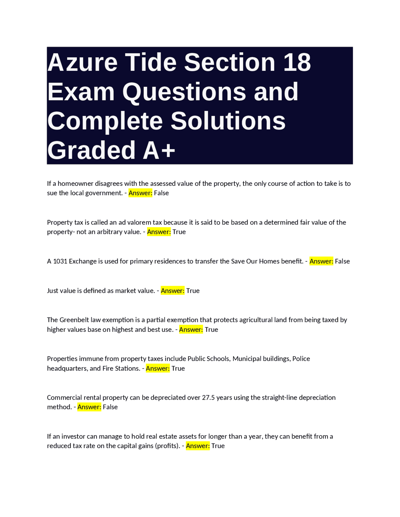 Azure Tide Section 18 Exam Questions and Complete Solutions Graded A+ ...