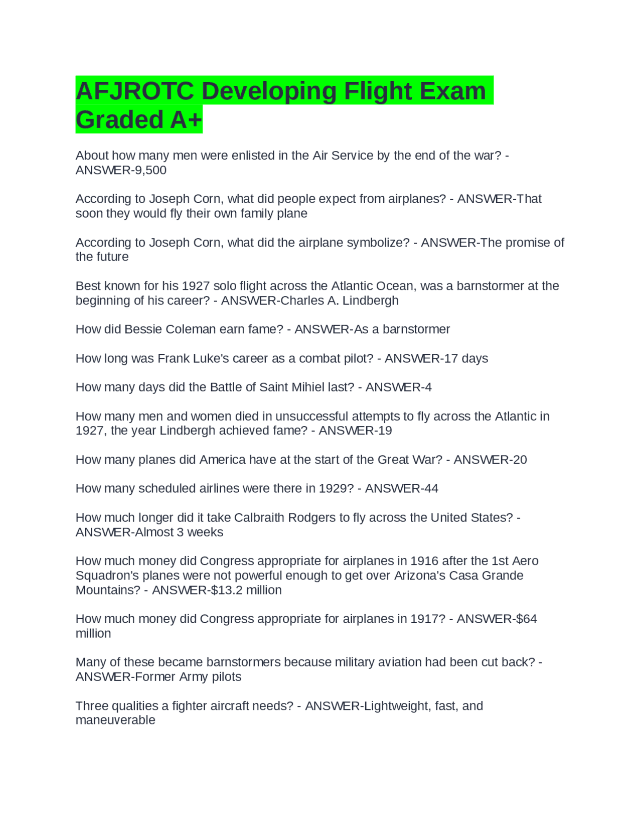 AFJROTC Developing Flight Exam Graded A+ | Exams Advanced Education ...