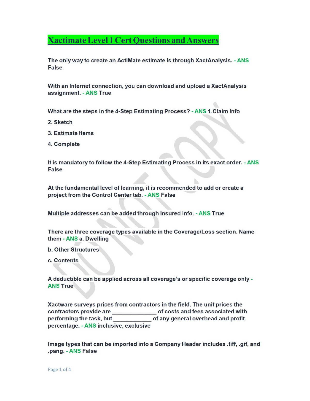 Xactimate Level 1 Cert Questions and Answers | Exams Probability and ...