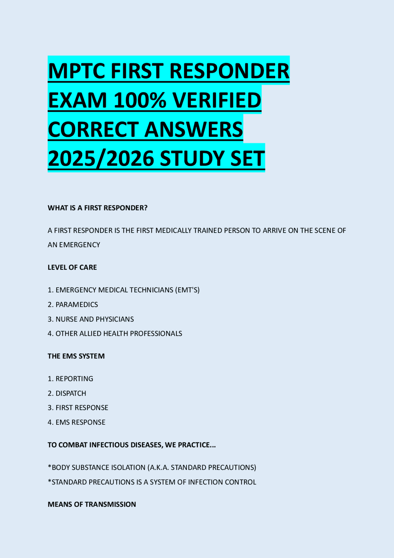 MPTC FIRST RESPONDER EXAM 100% VERIFIED CORRECT ANSWERS 2025/2026 STUDY ...