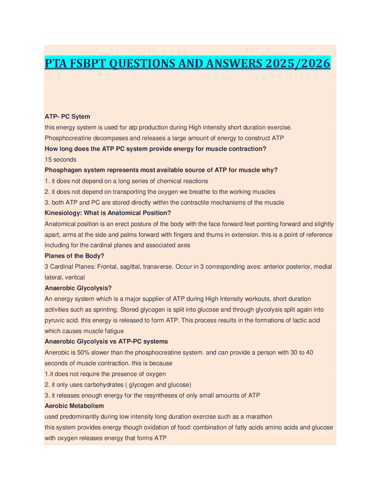PTA FSBPT Questions and Answers: Anatomy, Physiology, and Kinesiology ...