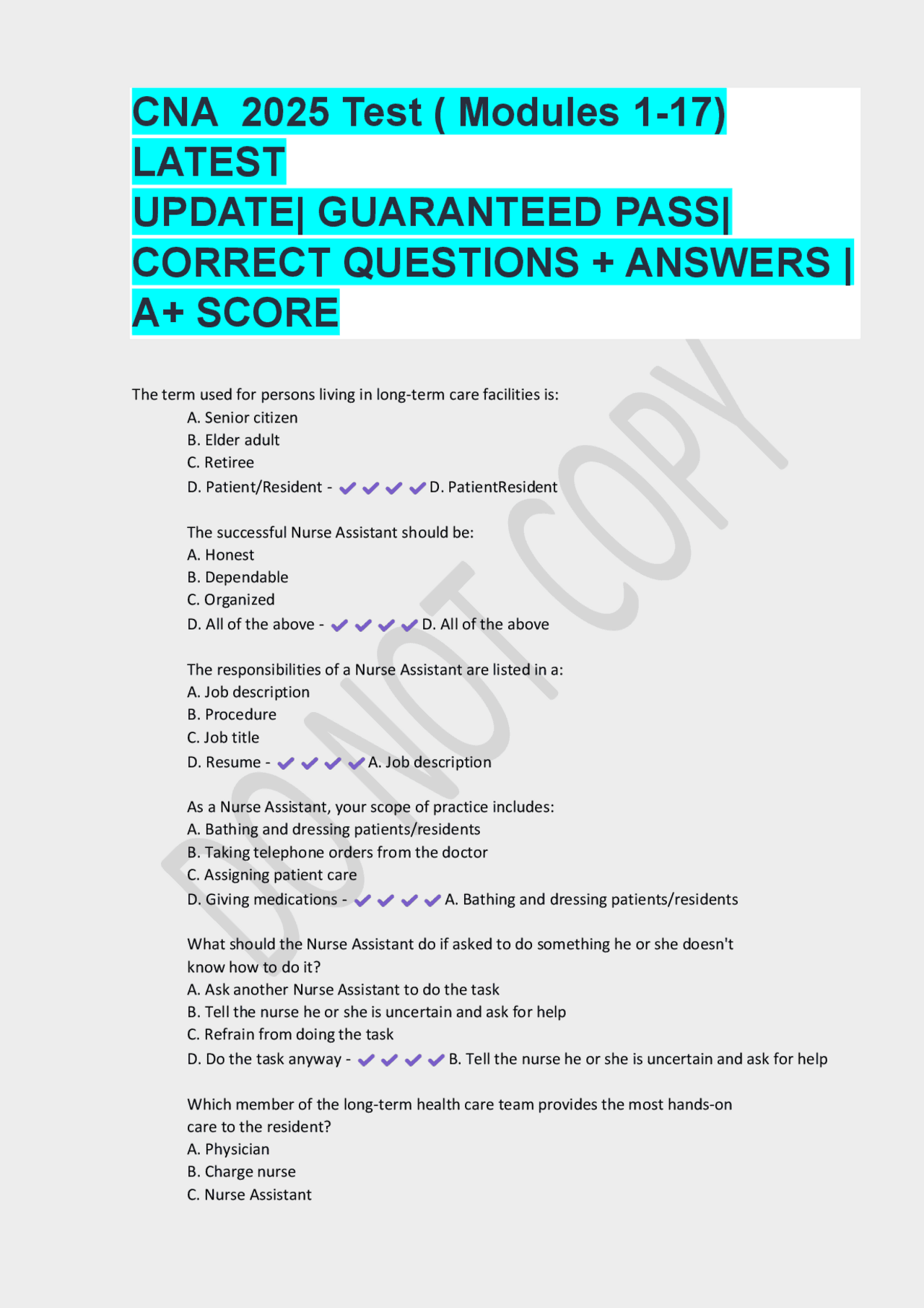 CNA 2025 Test ( Modules 1-17) LATEST UPDATE| GUARANTEED PASS| CORRECT ...