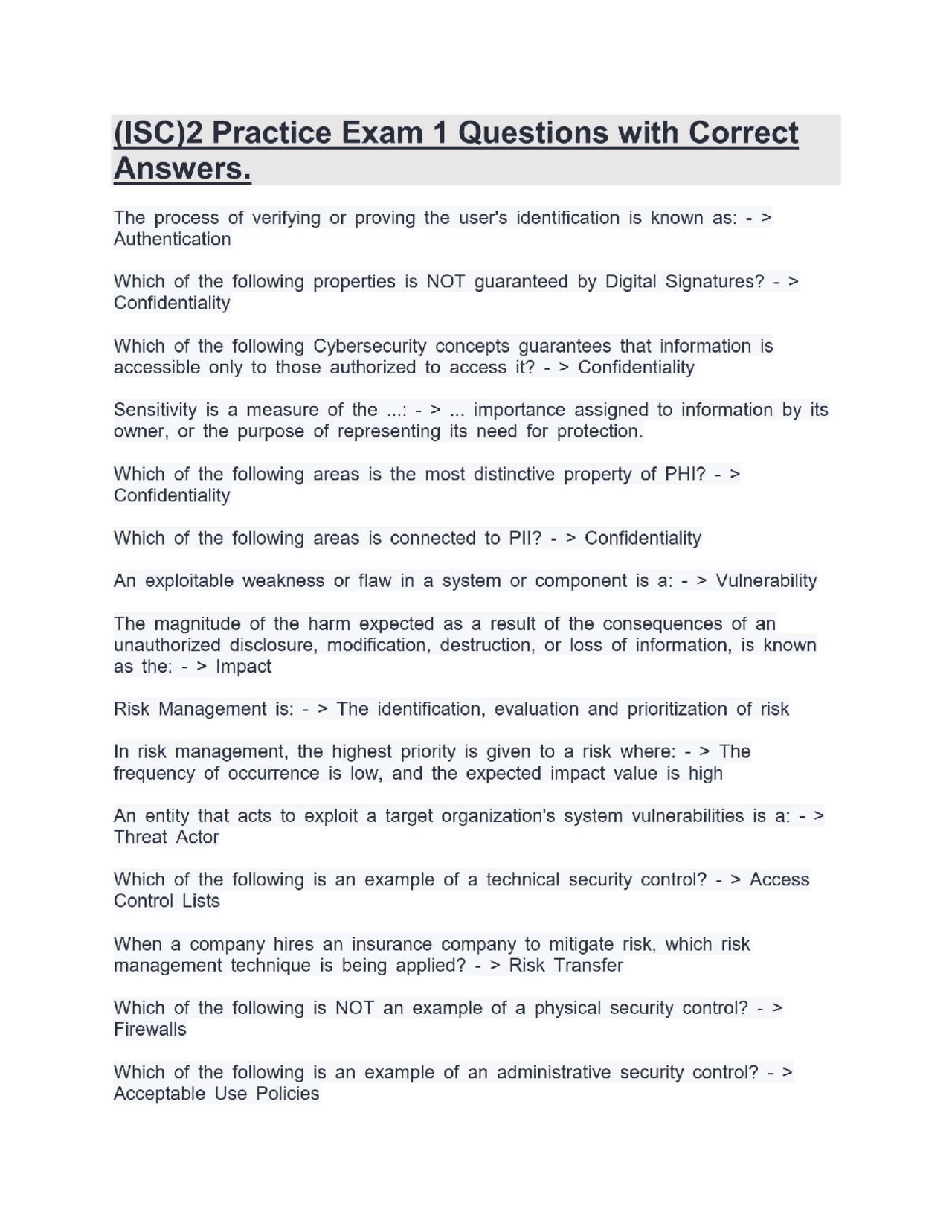 (ISC)2 Practice Exam 1 Questions with Correct Answers. | Exams Company ...