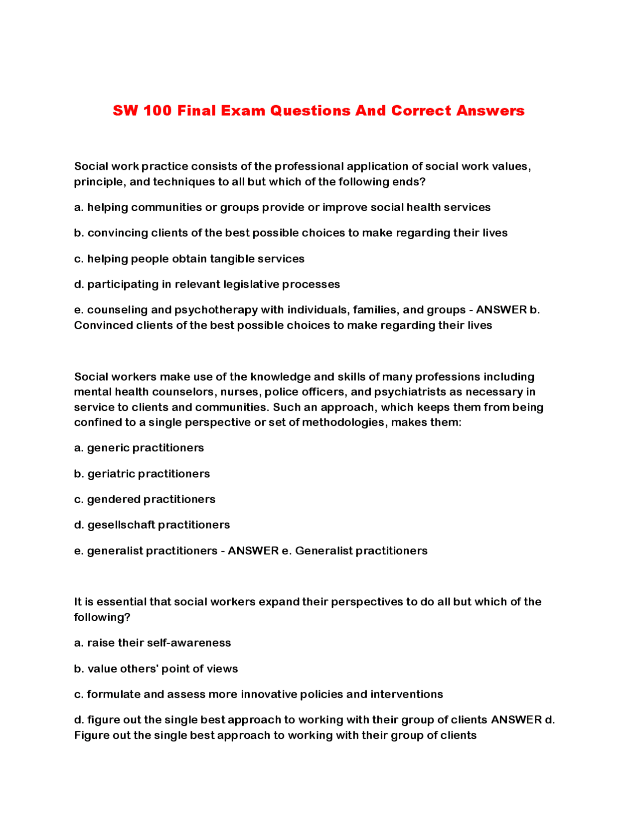Social Work 100 Final Exam Questions and Answers | Exams Advanced ...