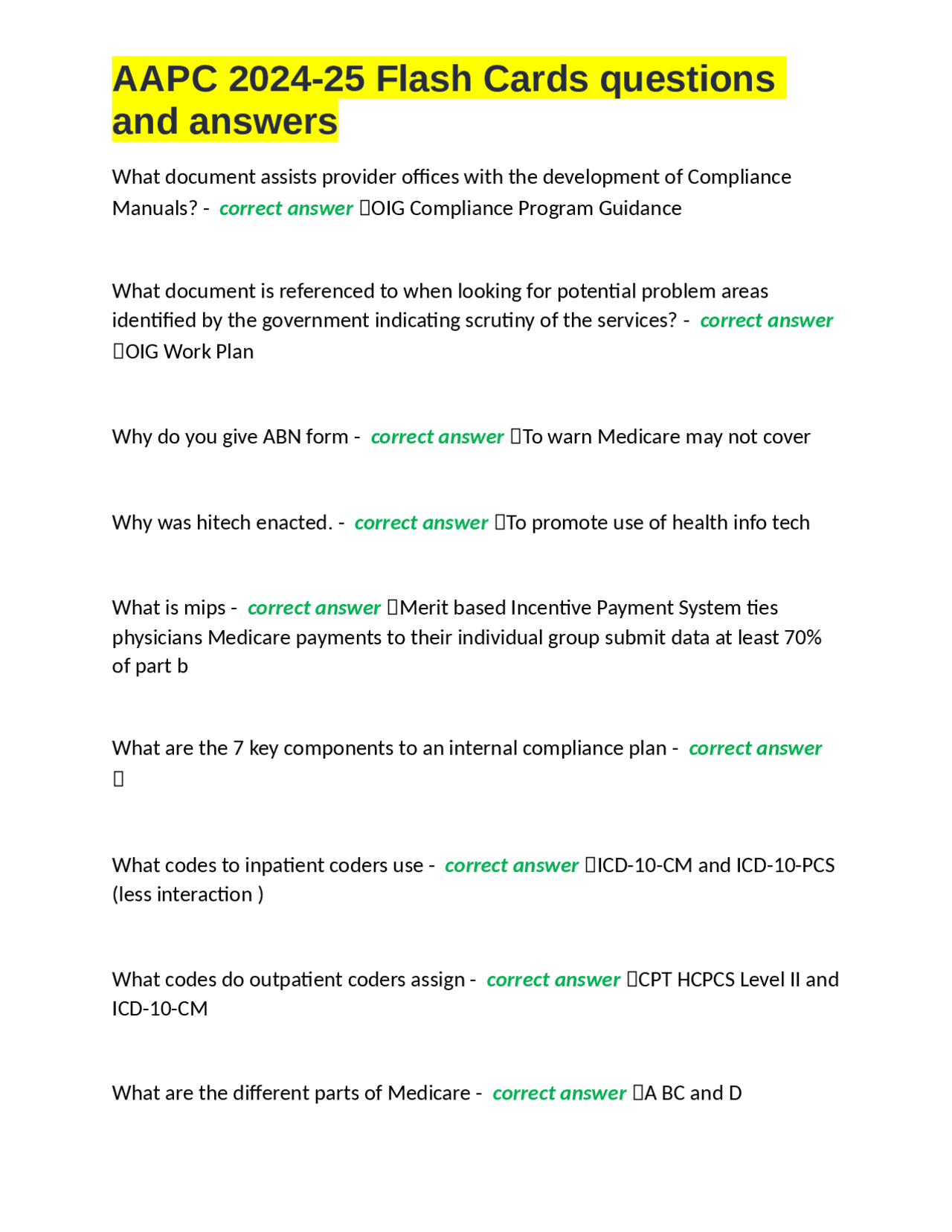 AAPC 2024-25 Flash Cards questions and answers | Exams Nursing | Docsity