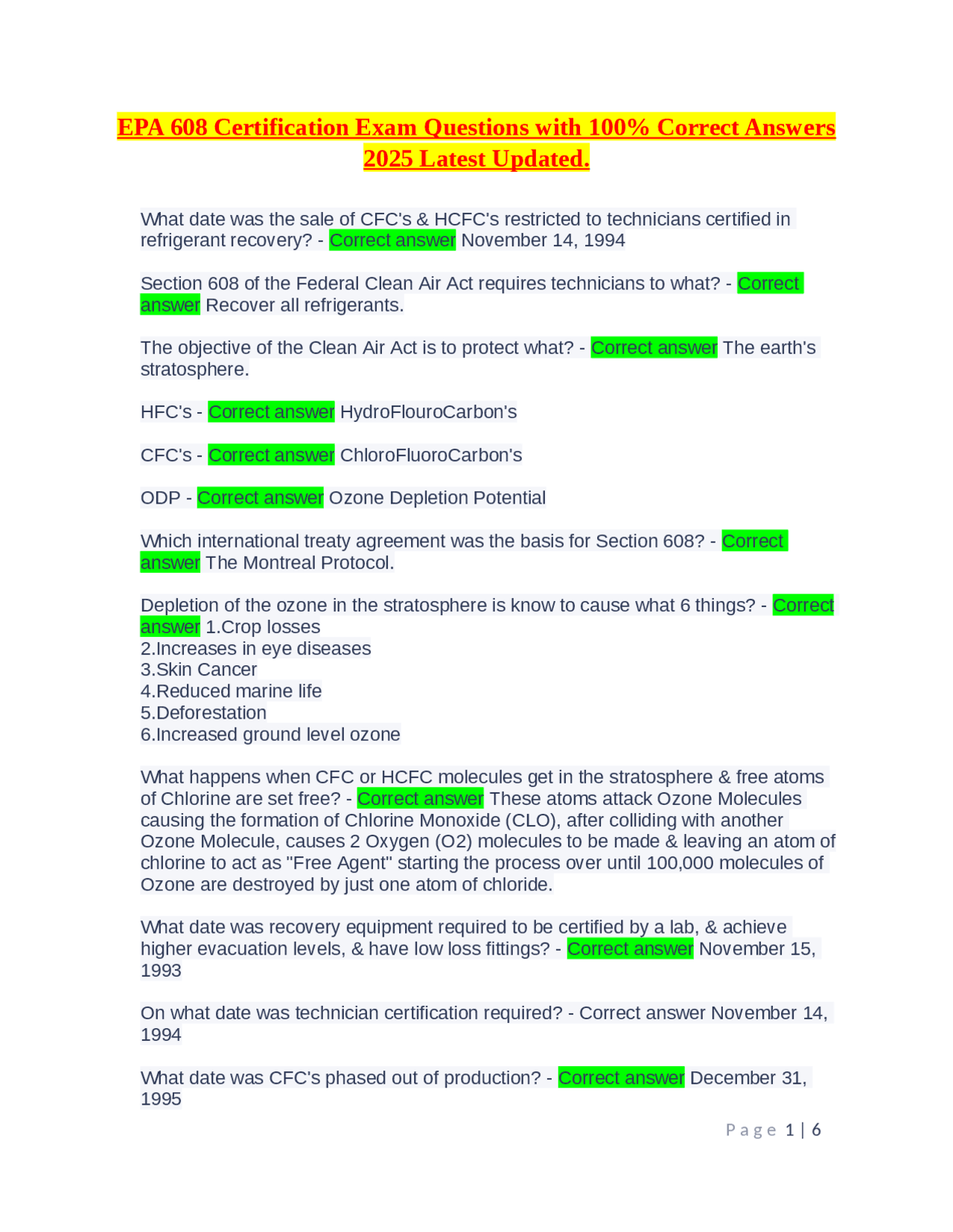 EPA 608 Certification Exam Questions with 100% Correct Answers 2025 ...